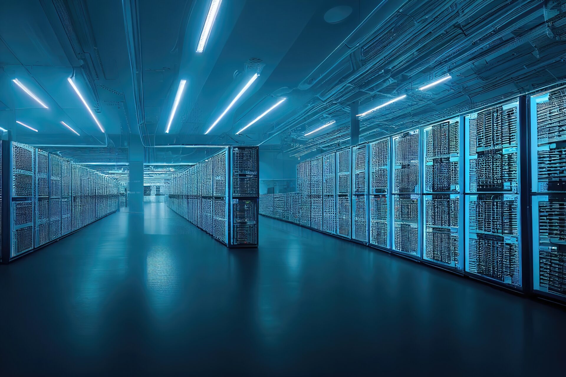 Raster illustration of data center interior in blue colors. Rack ...